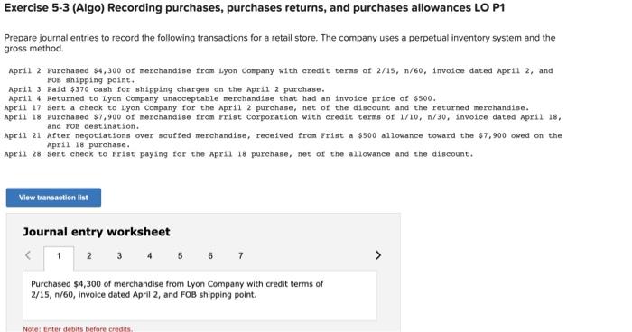 Solved Exercise 5-3 (Algo) Recording purchases, purchases | Chegg.com