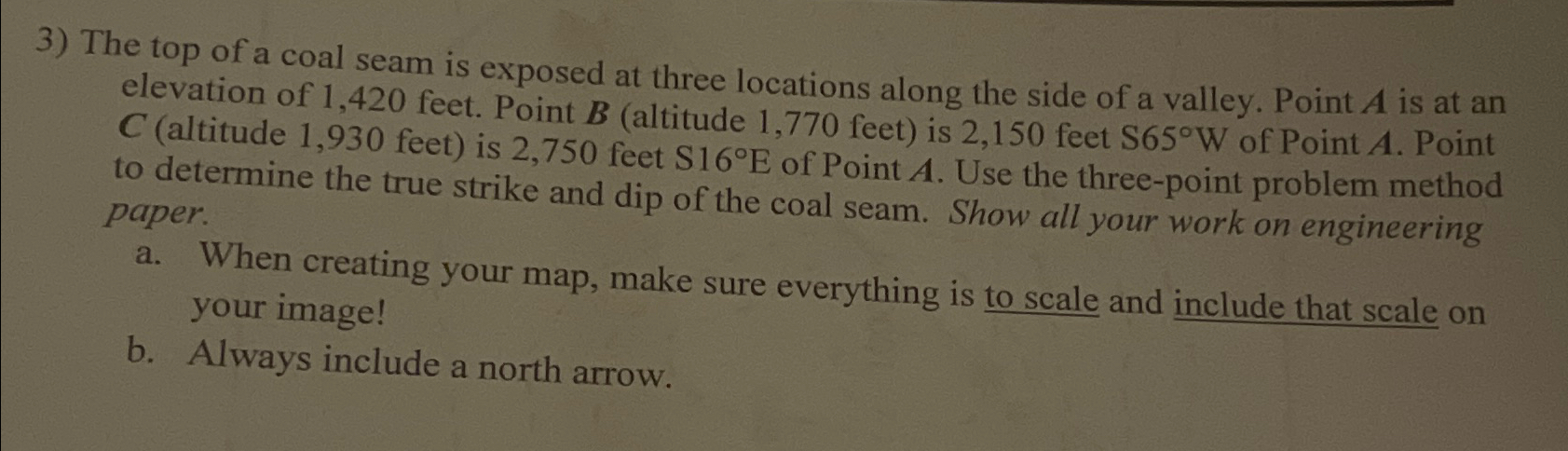 Solved The top of a coal seam is exposed at three locations | Chegg.com