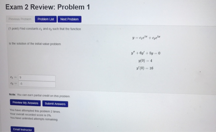 Solved Exam 2 Review: Problem 1 Previous Problem Problem | Chegg.com