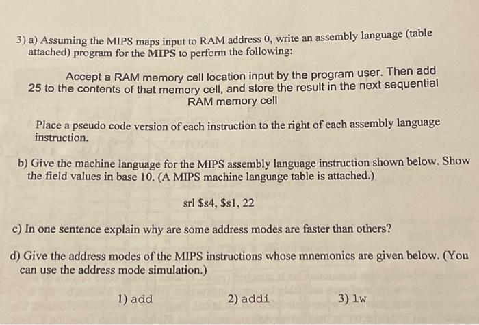 Solved 3) a) Assuming the MIPS maps input to RAM address 0 , | Chegg.com