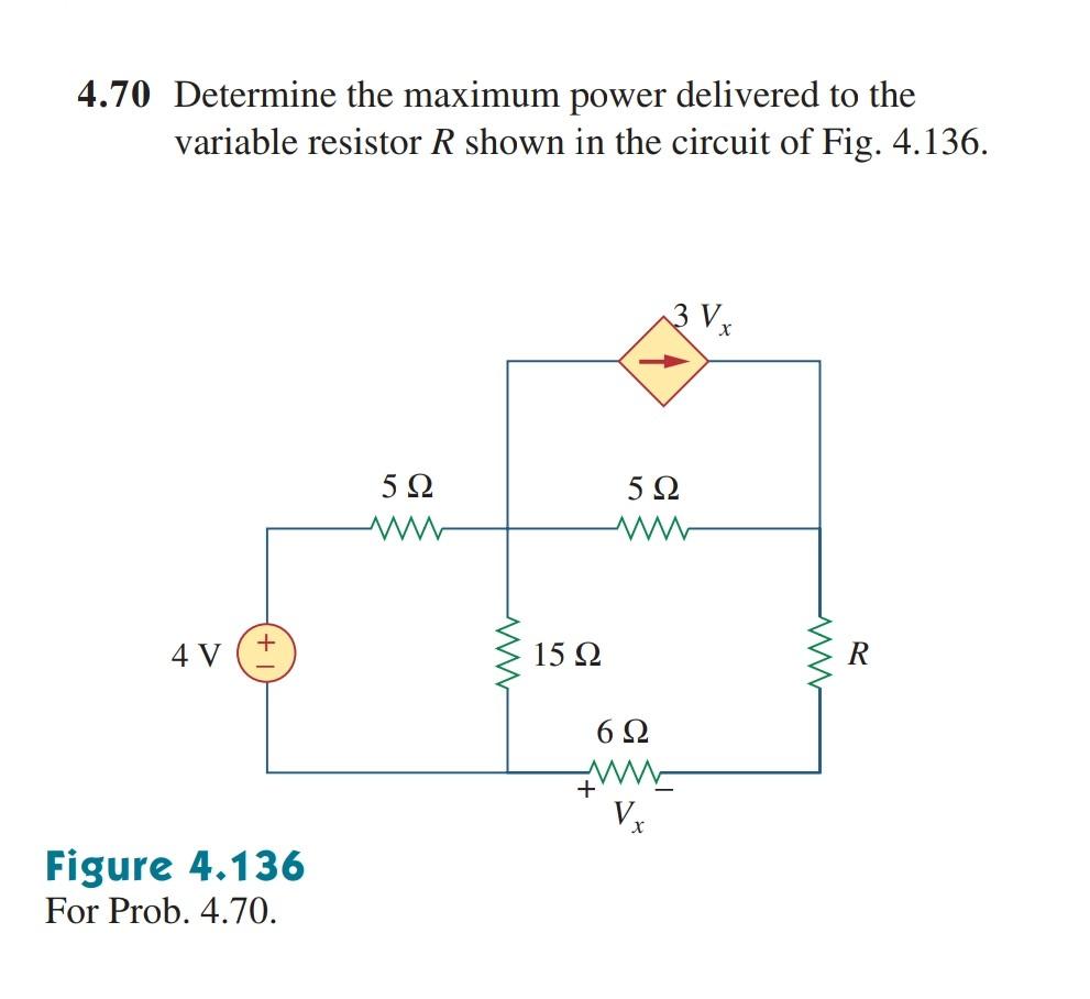 4.70 ﻿Determine the maximum power delivered to the | Chegg.com