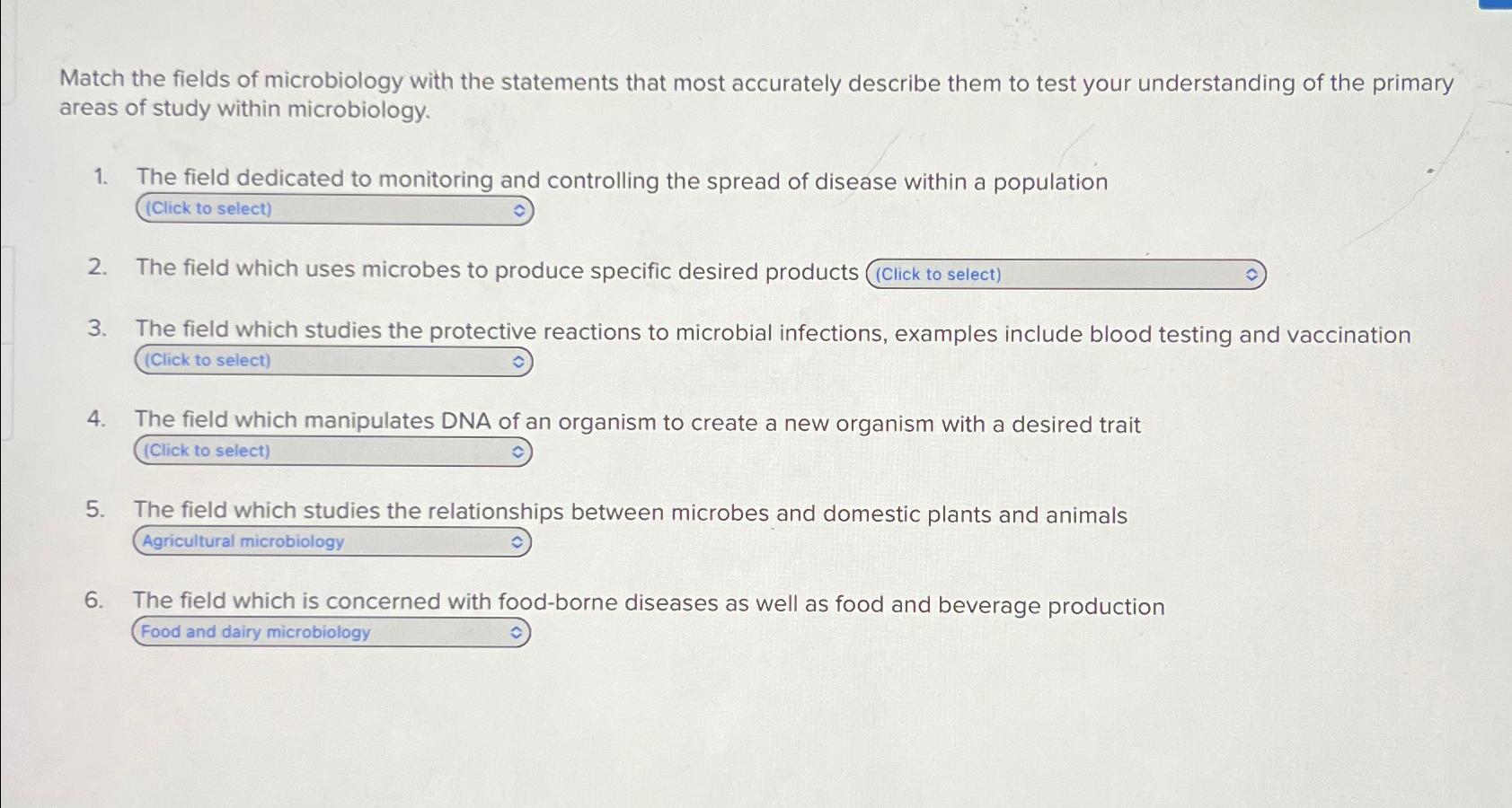 Solved Match the fields of microbiology with the statements | Chegg.com