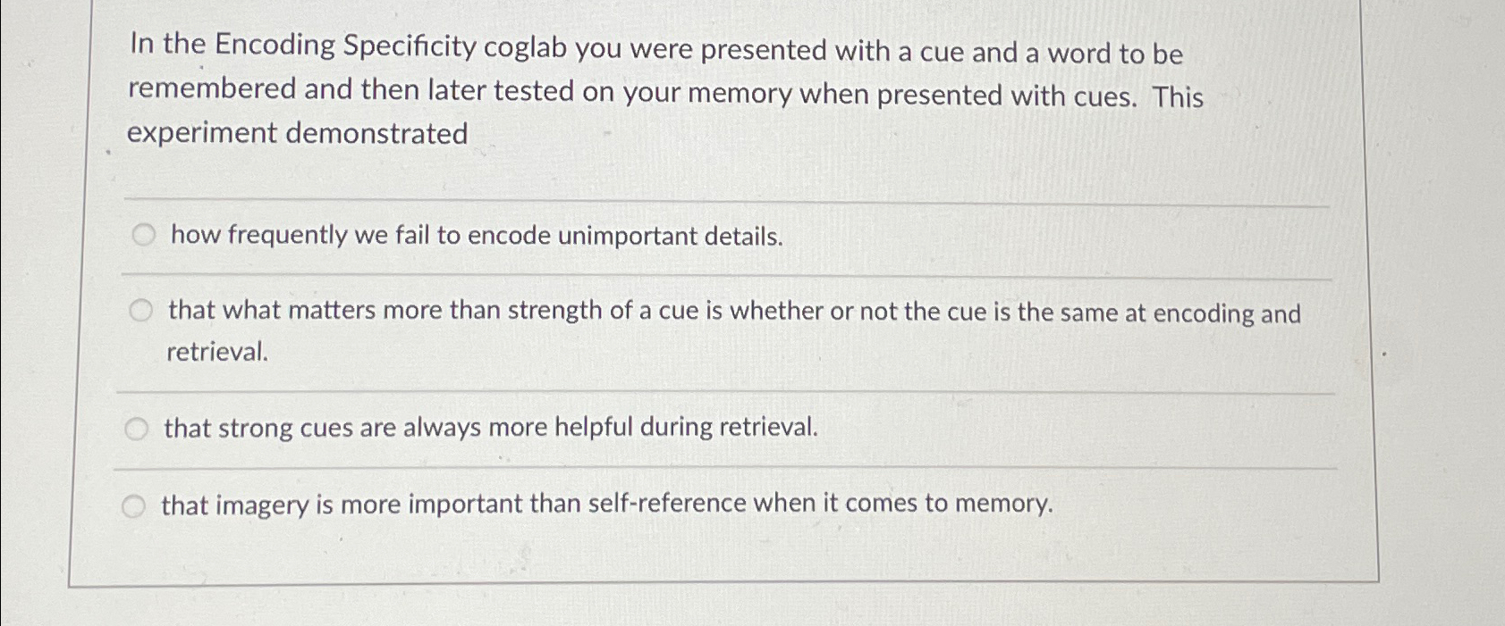 Solved In the Encoding Specificity coglab you were presented | Chegg.com