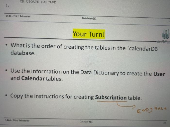 Solved - Create 'calendarDB' database in your workbench | Chegg.com