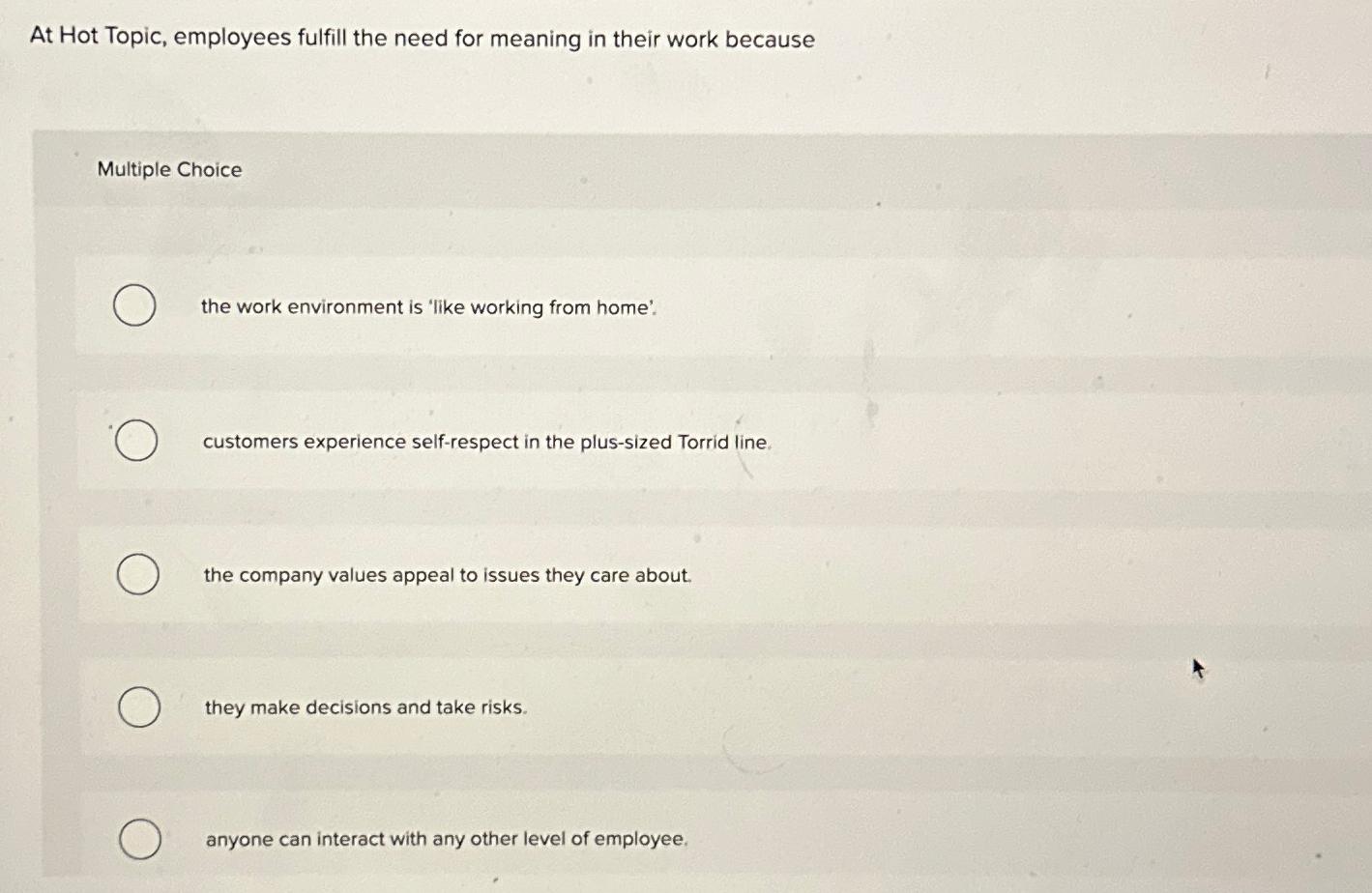 Solved At Hot Topic, employees fulfill the need for meaning | Chegg.com