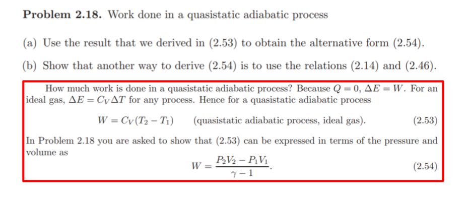 Solved Problem 2.18. ﻿Work done in a quasistatic adiabatic | Chegg.com