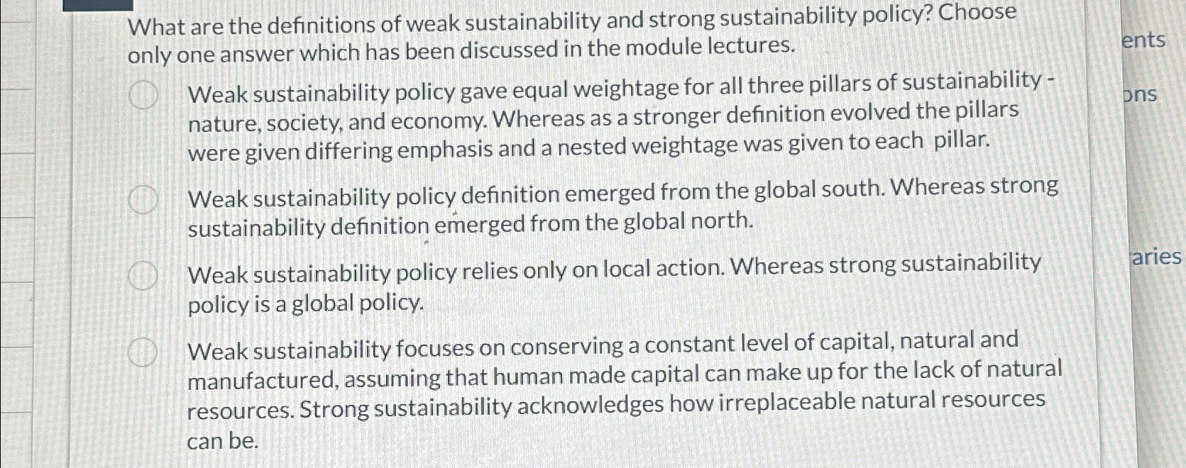 Solved What are the definitions of weak sustainability and | Chegg.com