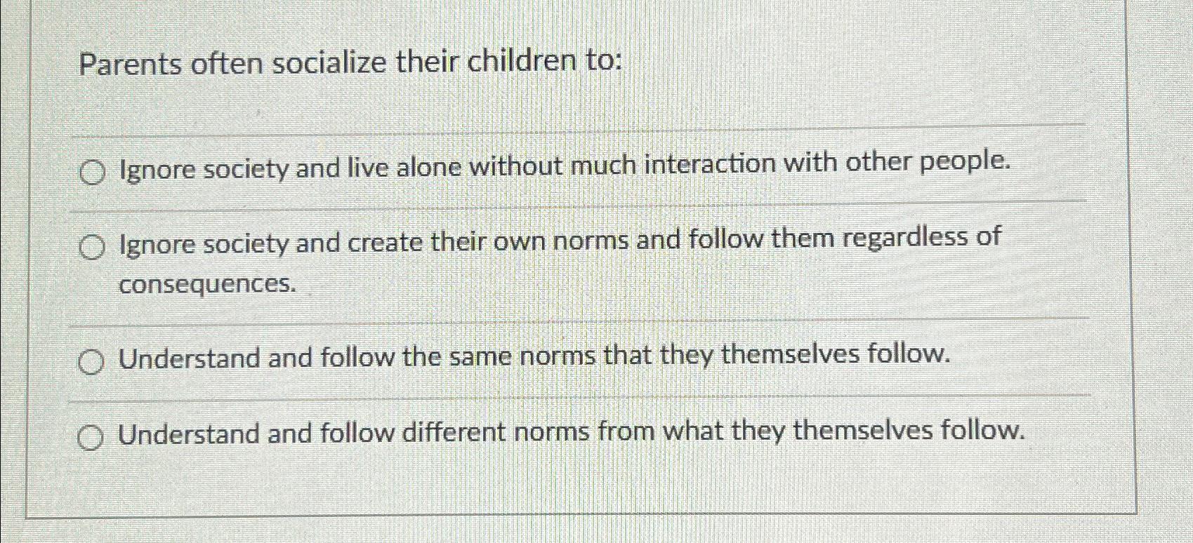 Solved Parents often socialize their children to:Ignore | Chegg.com