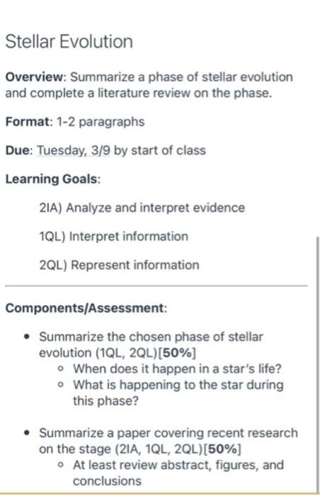 Solved Stellar Evolution Overview: Summarize a phase of | Chegg.com