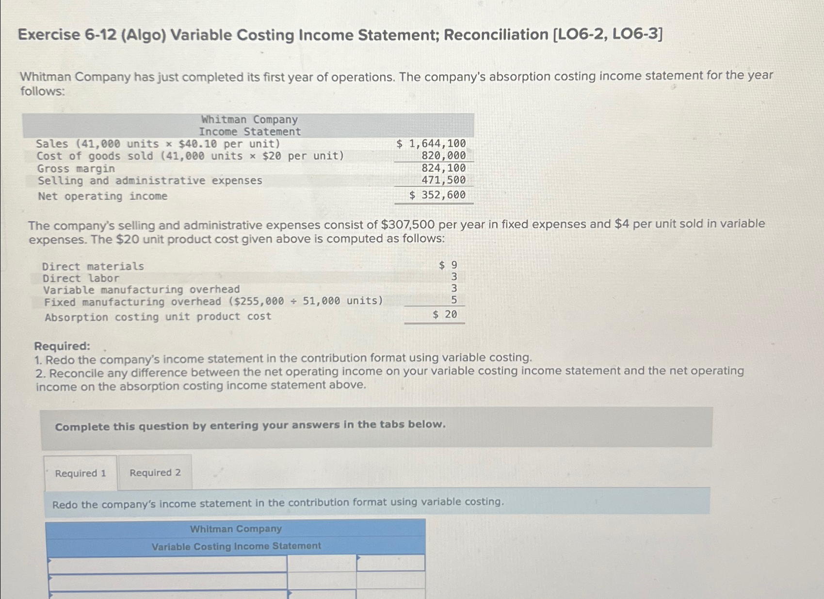 Solved Exercise 6 12 Algo ﻿variable Costing Income