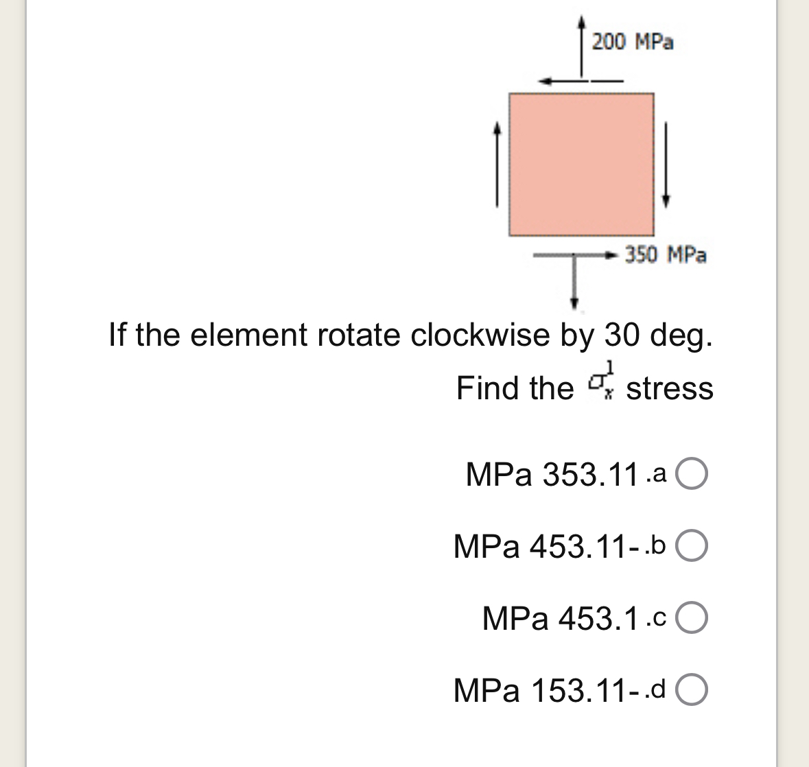 Solved If the element rotate clockwise by 30deg.Find the σx1 | Chegg.com