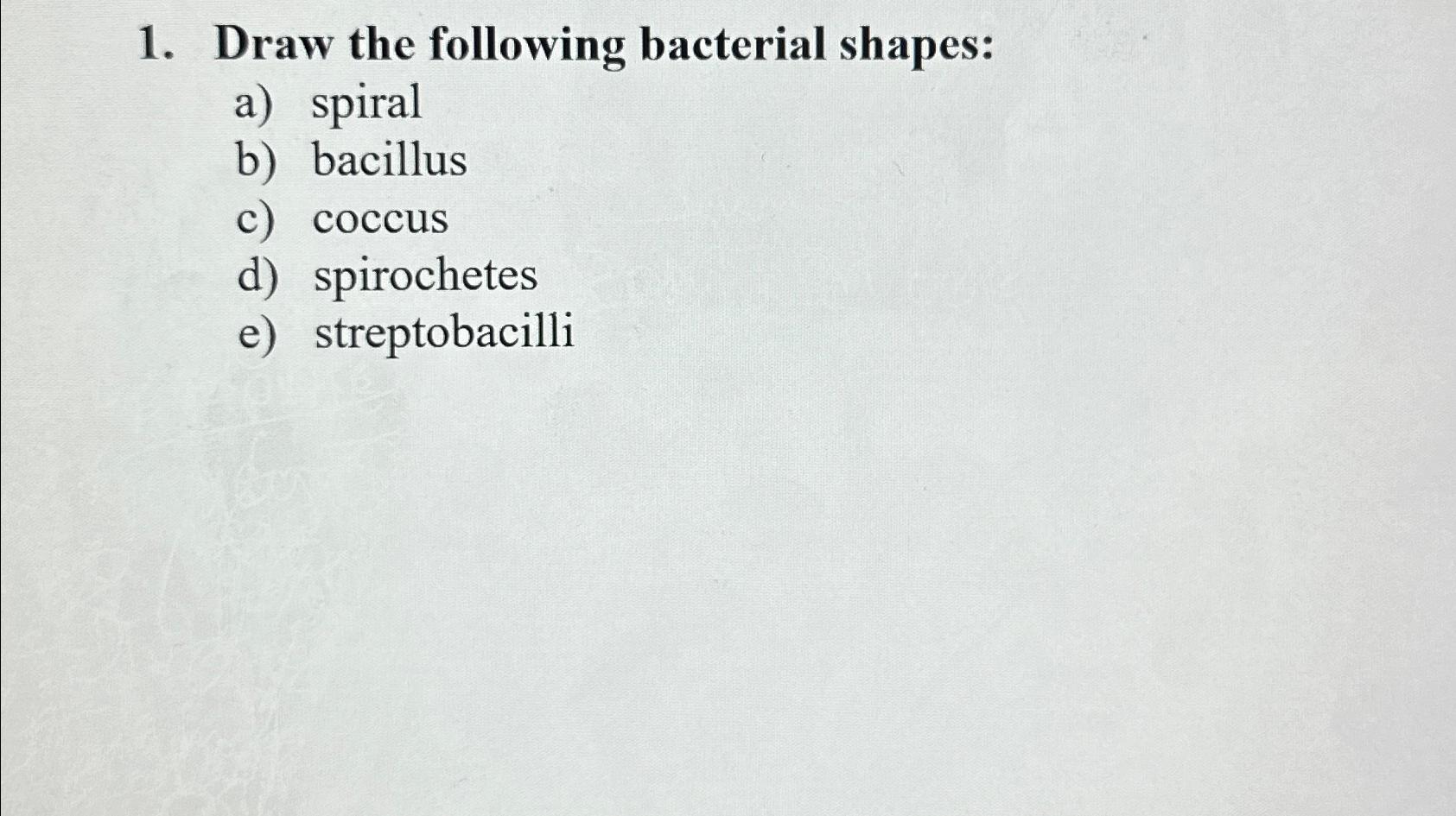 Solved Draw the following bacterial shapes:a) ﻿spiralb) | Chegg.com