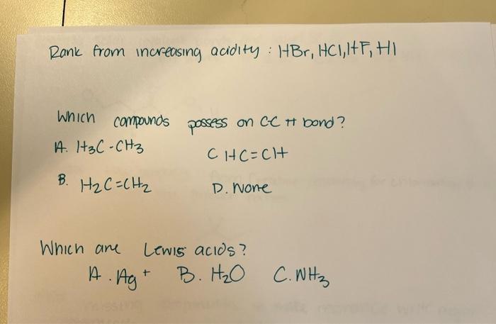 Solved Rank from increasing acidity: HBr,HCl,1+F,H1 Which | Chegg.com