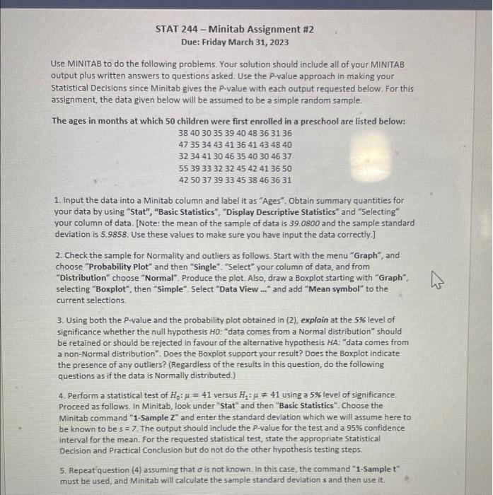 Solved STAT 244 - Minitab Assignment \#2 Due: Friday March | Chegg.com