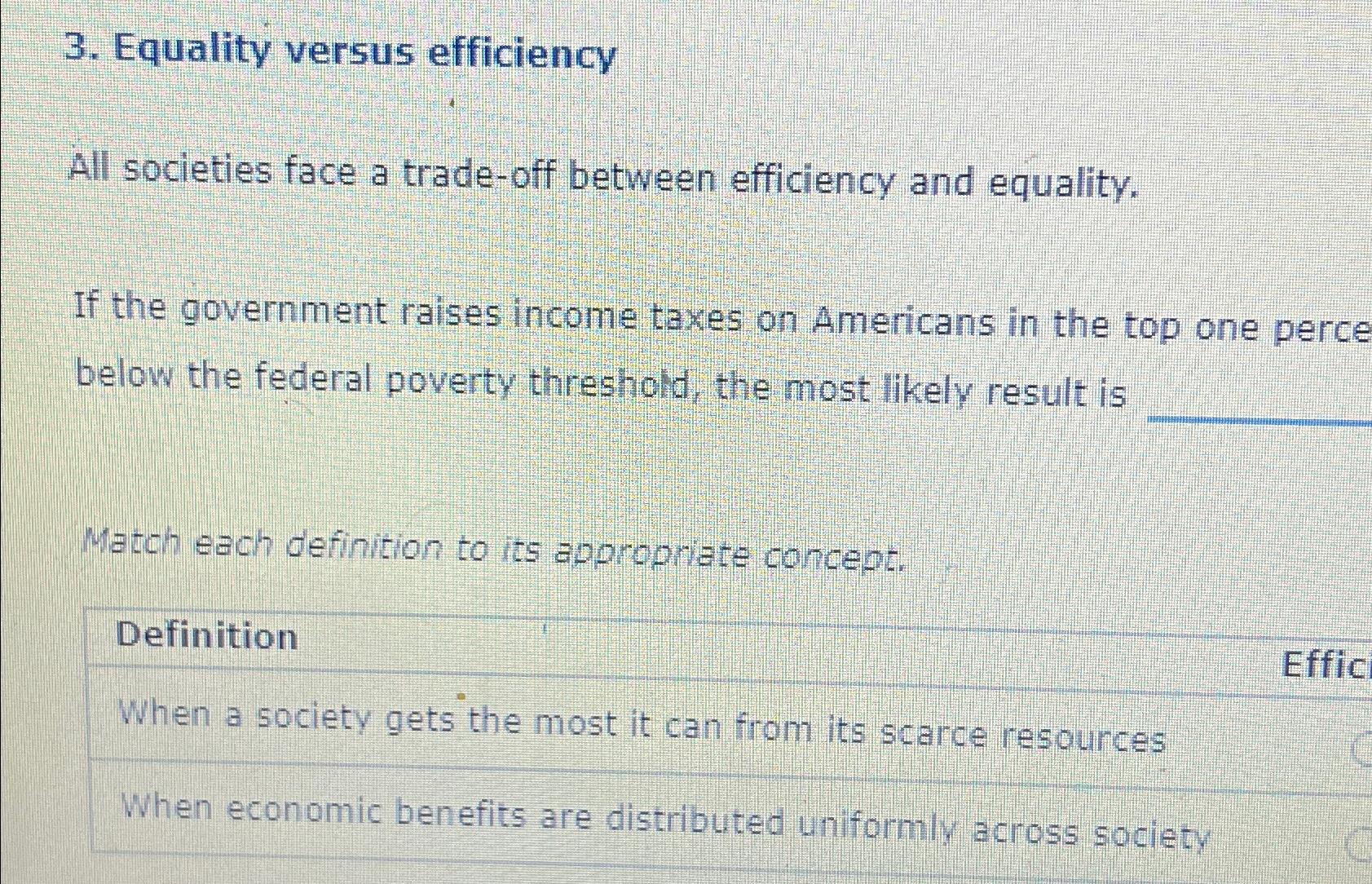 Solved Equality versus efficiencyAll societies face a | Chegg.com