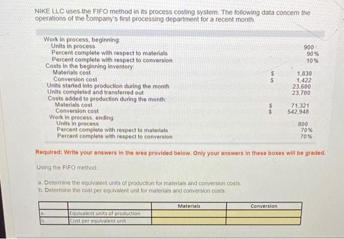 Solved NIKE LLC uses the FIFO method in its process costing | Chegg.com