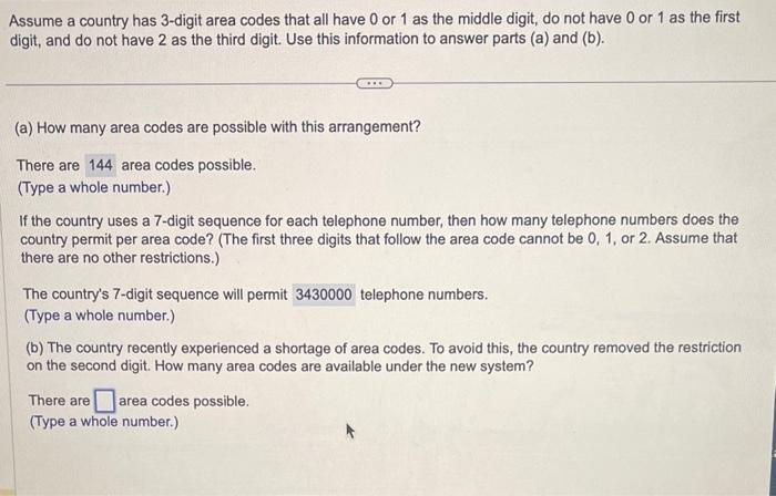 Solved Assume a country has 3 -digit area codes that all | Chegg.com