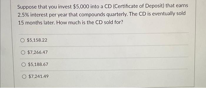 Solved Suppose that you invest $5,000 into a CD (Certificate | Chegg.com