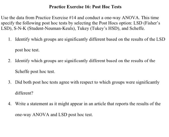 Solved 1 of 2 Practice Exercise 15: Post Hoc Tests 1. What | Chegg.com