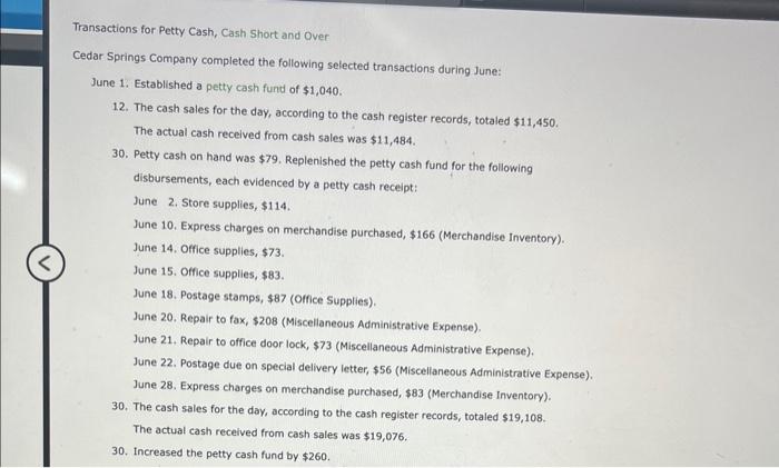 Solved ransactions for Petty Cash, Cash Short and Over: | Chegg.com