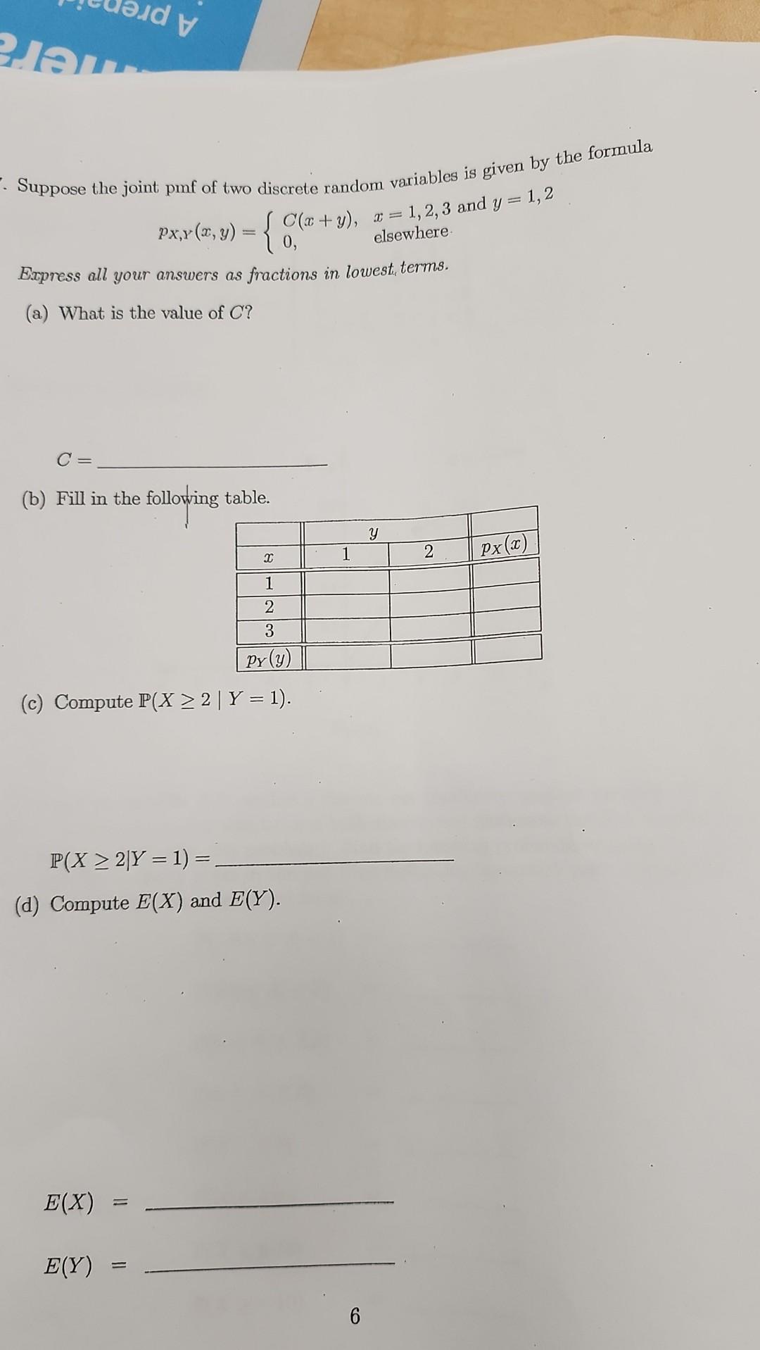 Solved Suppose the joint pmf of two discrete random | Chegg.com