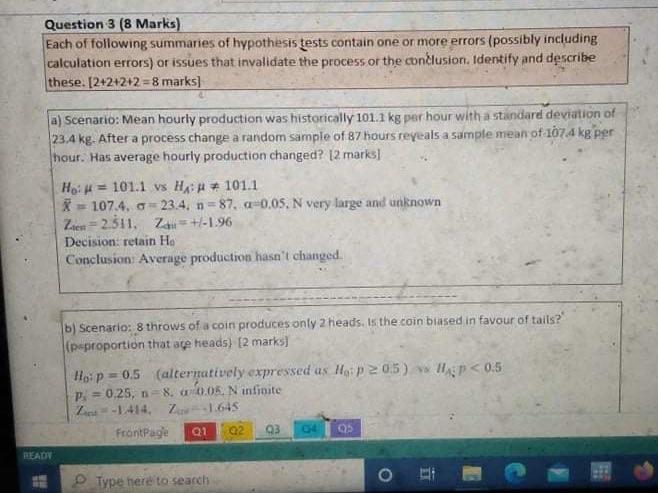 Solved Question 3 (8 Marks) Each of following summaries of | Chegg.com