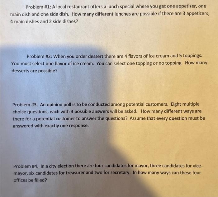 Solved Problem #1: A local restaurant offers a lunch special | Chegg.com