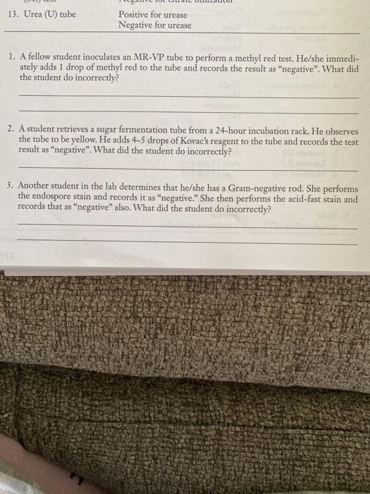 Solved 13. Urea (U) tube Positive for urease Negative for | Chegg.com