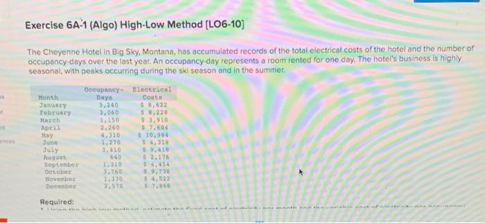 Solved Exercise 6A-1 (Algo) High-Low Method [LO6-10] The | Chegg.com