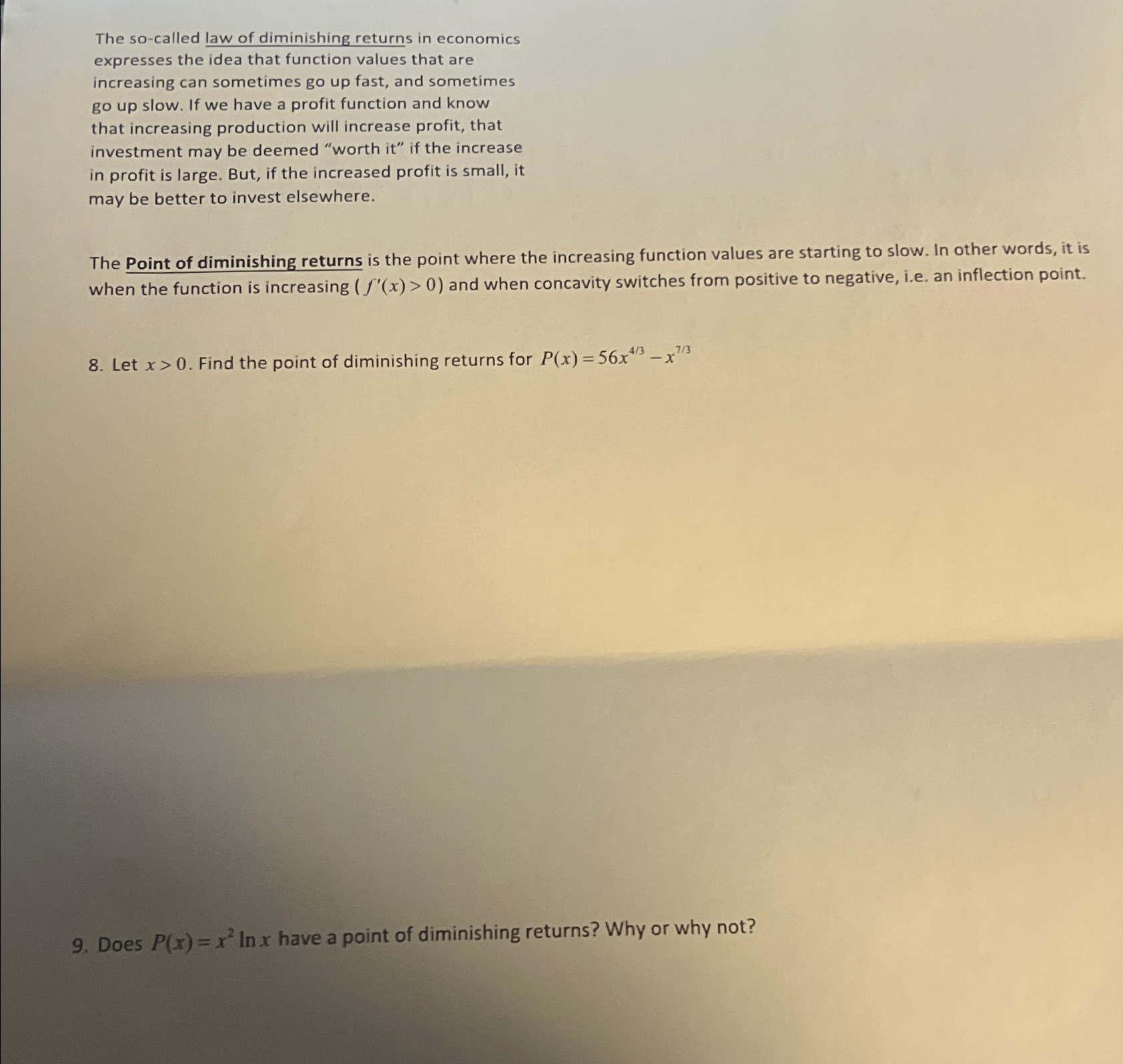 Solved The so-called law of diminishing returns in economics | Chegg.com