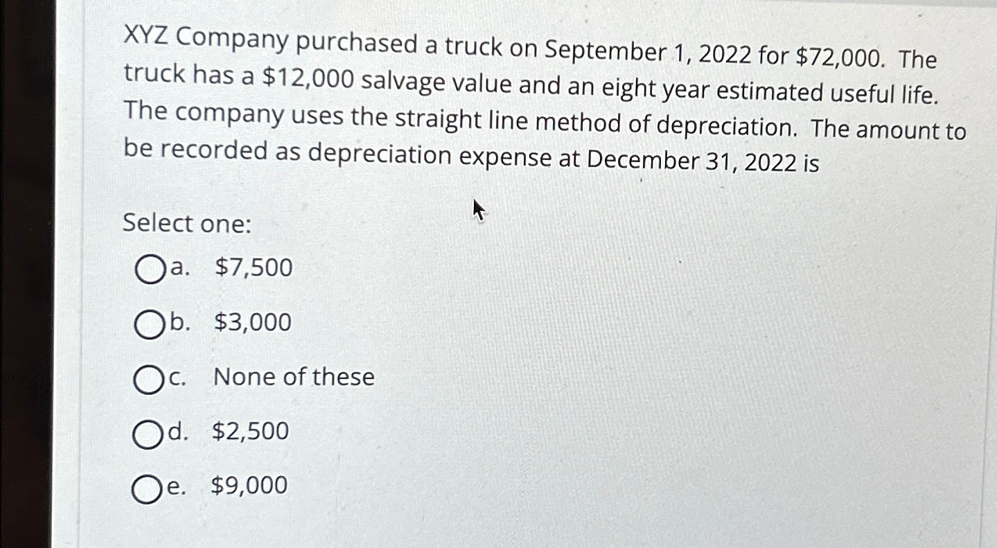 Solved XYZ Company purchased a truck on September 1,2022 | Chegg.com