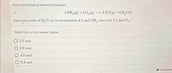 Solved From the following balanced equation, 4NH3( g)+5O2( | Chegg.com