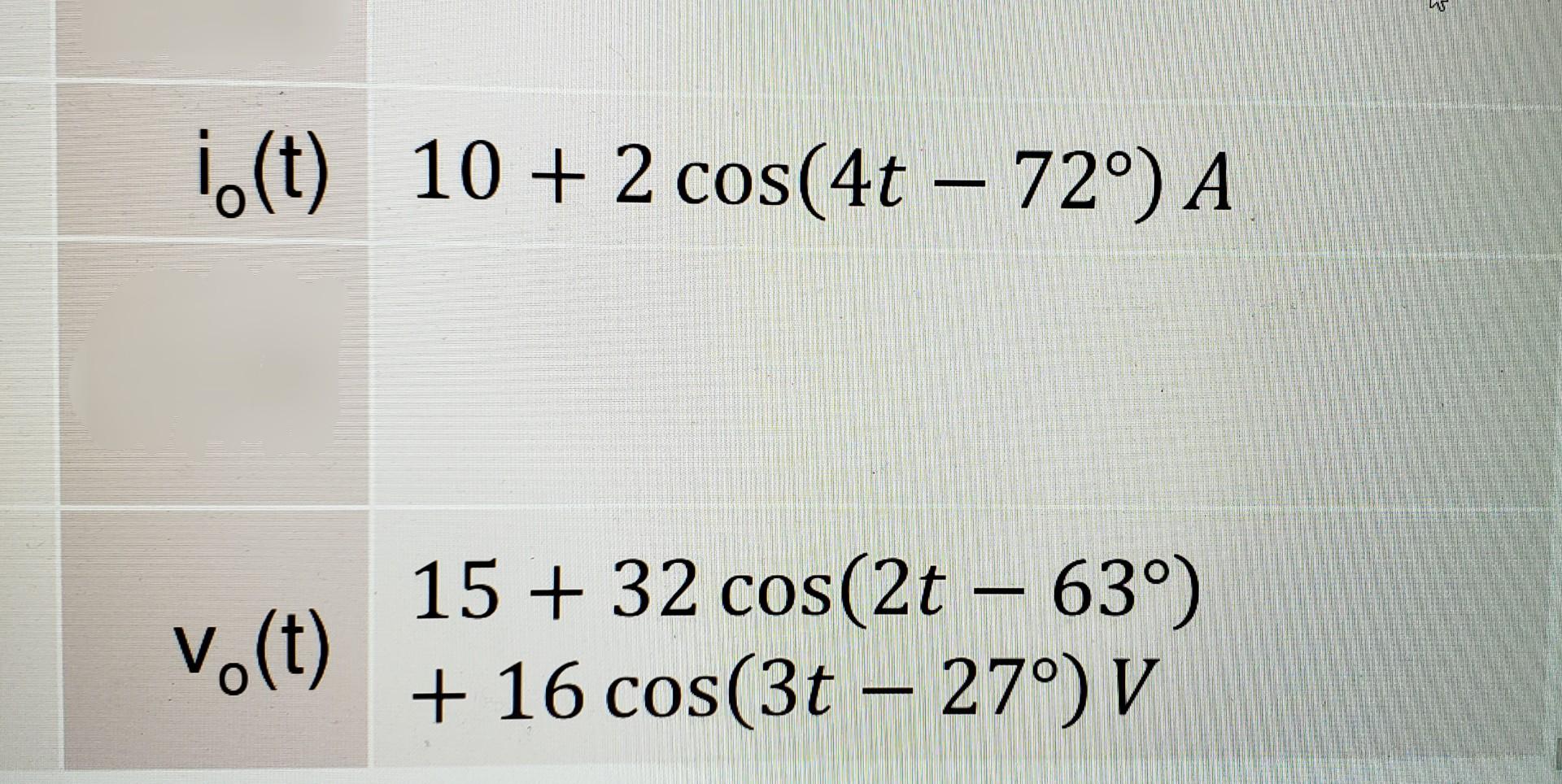 Solved Which method?i0(t)10+2cos(4t−72∘)A | Chegg.com