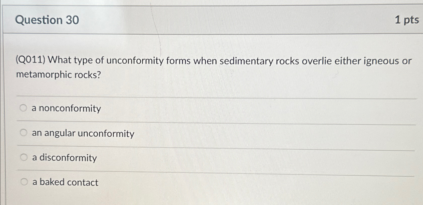 Solved Question 301 ﻿pts(Q011) ﻿What type of unconformity | Chegg.com