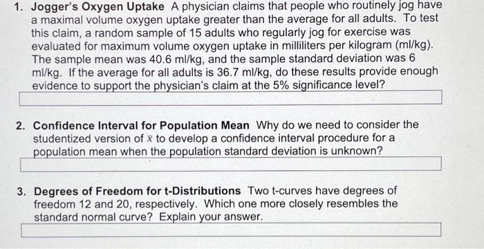 Solved 1. Jogger's Oxygen Uptake A physician claims that | Chegg.com
