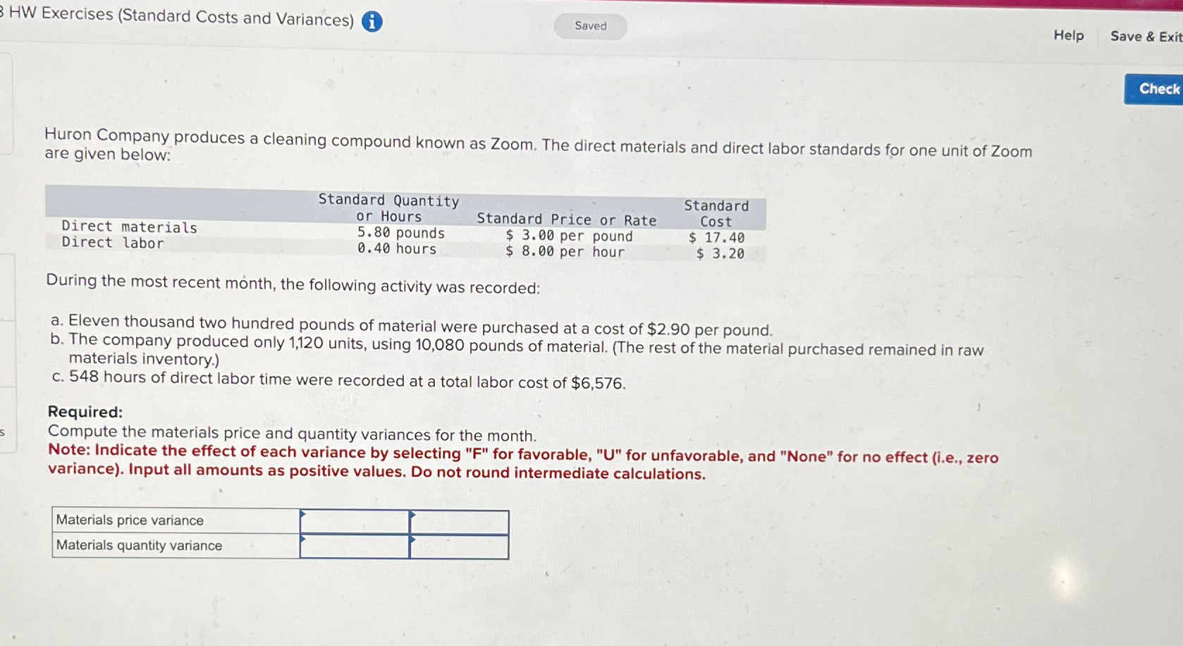 Solved HW Exercises (Standard Costs and Variances)HelpSave & | Chegg.com