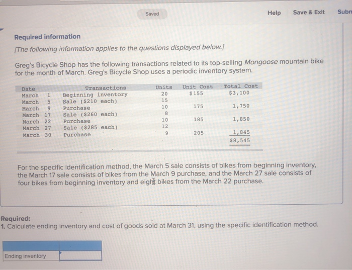 Solved Saved Help Save & Exit Sub Required information [The | Chegg.com