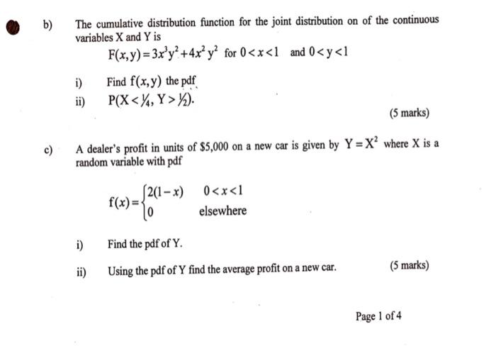 Solved b) The cumulative distribution function for the joint | Chegg.com
