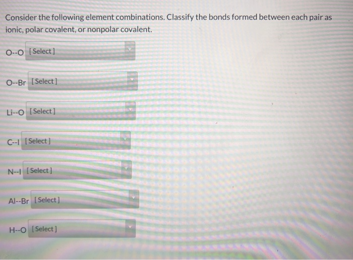 Solved Consider the following element combinations. Classify | Chegg.com