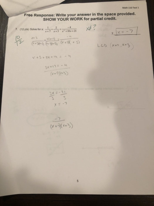 Solved Math 110 Test 1 Free Response: Write your answer in | Chegg.com