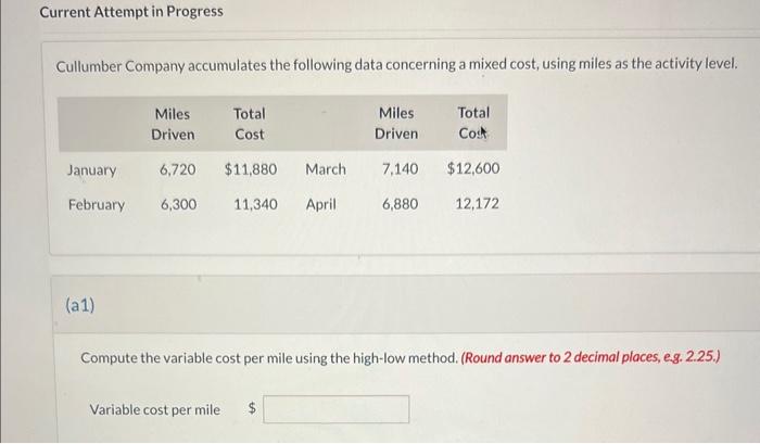 Solved Current Attempt in Progress Cullumber Company | Chegg.com