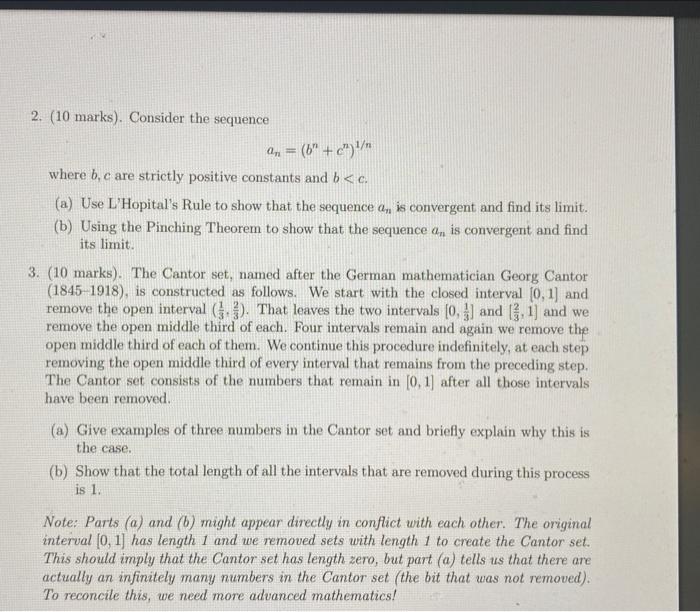 2. (10 marks). Consider the sequence an=(bn+cn)1/n | Chegg.com
