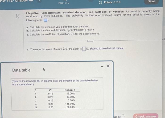 Integrative - Expected return, standard deviation, | Chegg.com