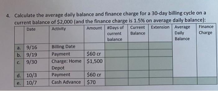 Solved 4. Calculate the average daily balance and finance | Chegg.com