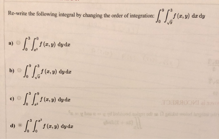 Solved Re-write the following integral by changing the order | Chegg.com