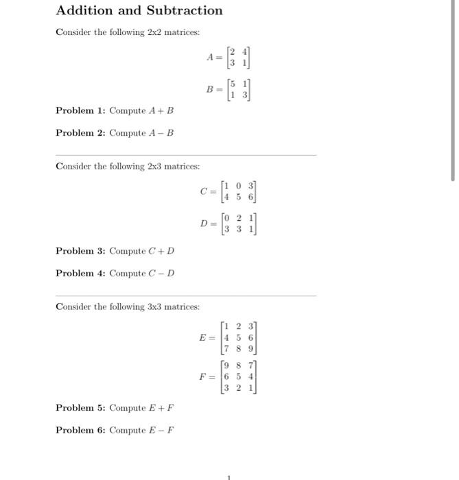 Solved Addition and Subtraction Consider the following 2×2 | Chegg.com
