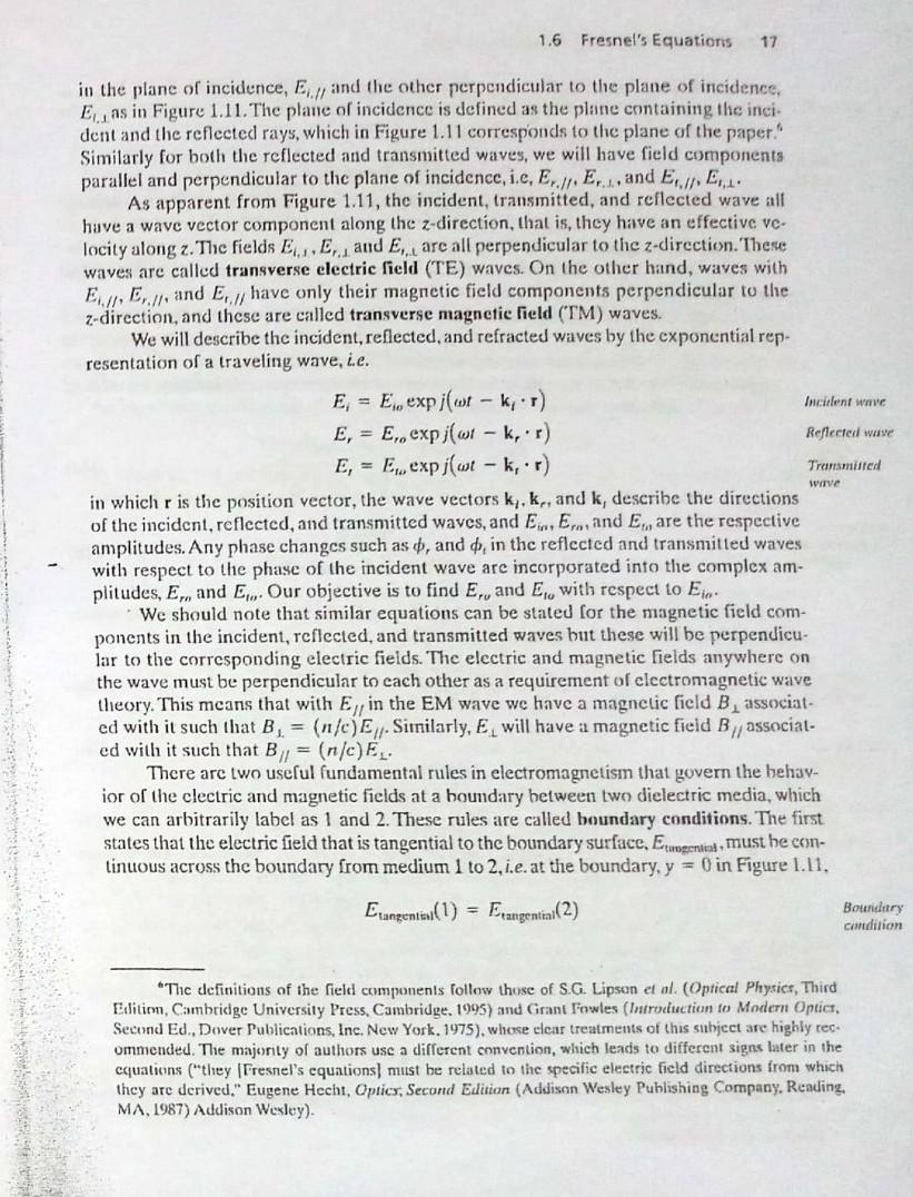 Solved 1.6 FRESNEL'S EQUATIONS A. Amplitude Reflection and | Chegg.com