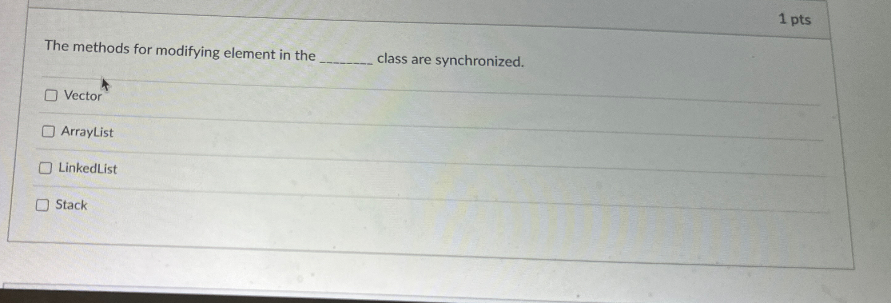 Solved 1 ﻿ptsThe methods for modifying element in the | Chegg.com