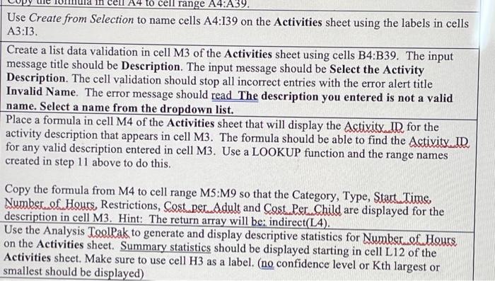 Solved Use Create from Selection to name cells A4:139 on the | Chegg.com