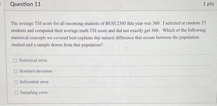 Solved Question 11 1 pts The average TSI score for all | Chegg.com